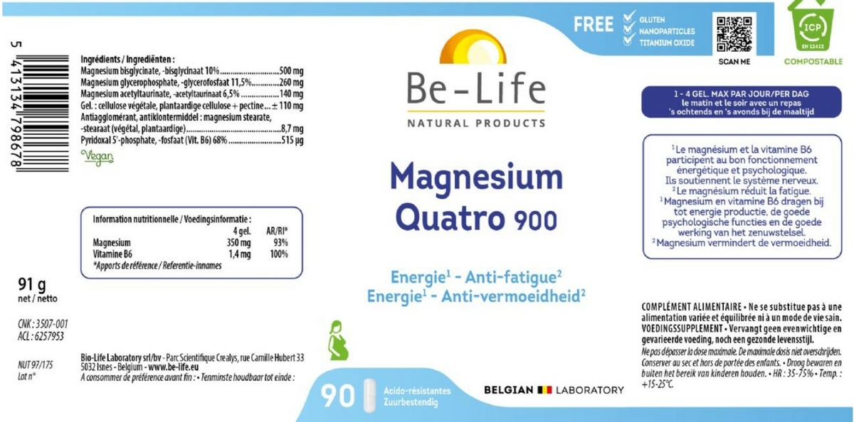 Magnesium Quatro 900 90 Gélules Biolife/Be-Life | Pharmaglobe.lu