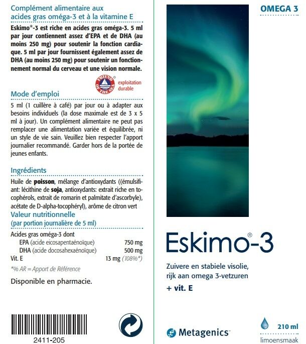 Eskimo-3 Liquide Metagenics Oméga-3 Flacon 210 ml | Pharmaglobe.lu
